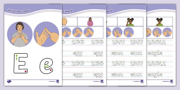 Words Starting with E Handwriting Worksheets with Auslan
