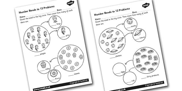 Number Bonds to 12 Problems Worksheet -numbers, bond, worksheet