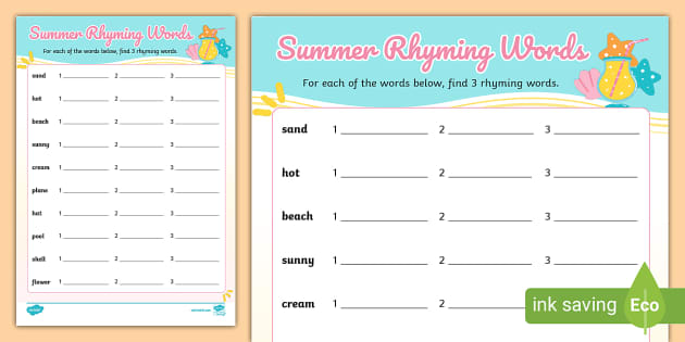 Summer Rhyming Words Worksheet (teacher made) - Twinkl