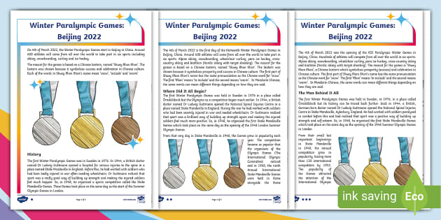 UKS2 Winter Paralympic Games Differentiated Reading Comprehension Activity