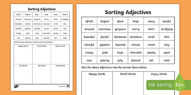 Sorting Adjectives Worksheet | 3rd/4th Class (teacher made)