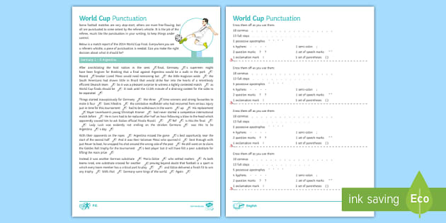 Missing Punctuation Worksheet with Answers | Football