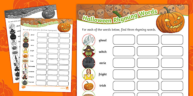 KS2 Halloween Three Rhyming Words Worksheet (teacher made)