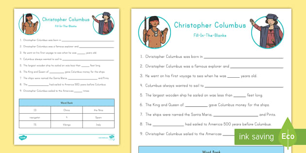 Christopher Columbus Fill in the Blank Facts Worksheet