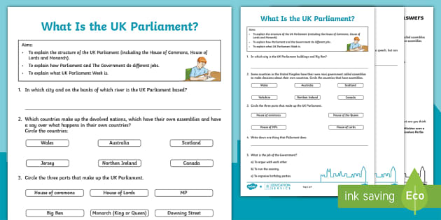 UK Parliament: What is Parliament? Worksheet (teacher made)