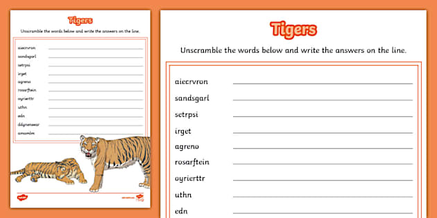 Word Unscramble: Tiger Worksheet (teacher made) - Twinkl