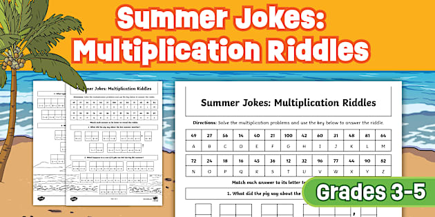 Summer Jokes: Multiplication Riddles Worksheet for 3rd-5th Grade
