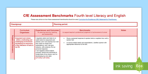 CfE Benchmarks Fourth Level Literacy and English Assessment Tracker ...