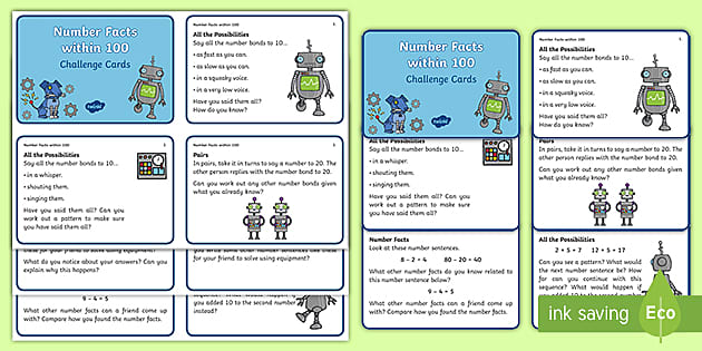 Addition And Subtraction Number Facts Within 100 Challenge Cards