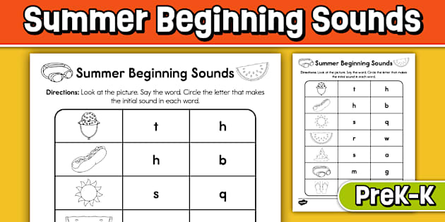 Summer Vocabulary Beginning Sounds Worksheet for PreK-K