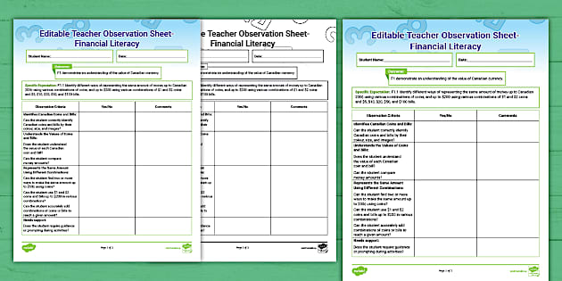 Grade 2 Identifying and Representing Money Editable Observation Sheet