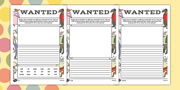 Mr Fox Wanted Poster Worksheet / Worksheet Pack to Support Teaching on