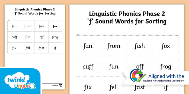 Northern Ireland Linguistic Phonics 2 'f' Sound Words for Sorting Sheet