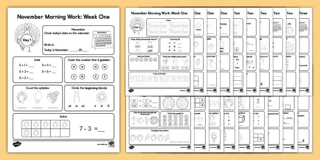Kindergarten November Morning Work Bundle (teacher made)
