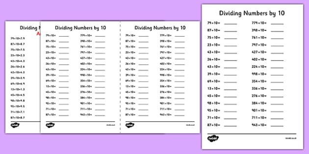 Dividing Numbers by 10 A5 Worksheet / Worksheet - Twinkl