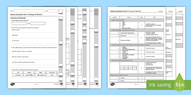 Editable Year 5 Changes of Materials End of Unit Assessment