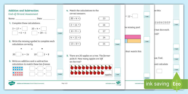 Year 1 Addition and Subtraction End-of-Semester Assessment