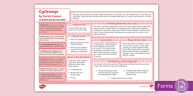 Level 2 June 2023 School Journal: Cycleways Article Follow-Up