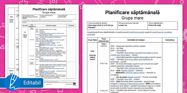 FREE! - Cicluri de viață Model de planificare săptămânală grupa mare