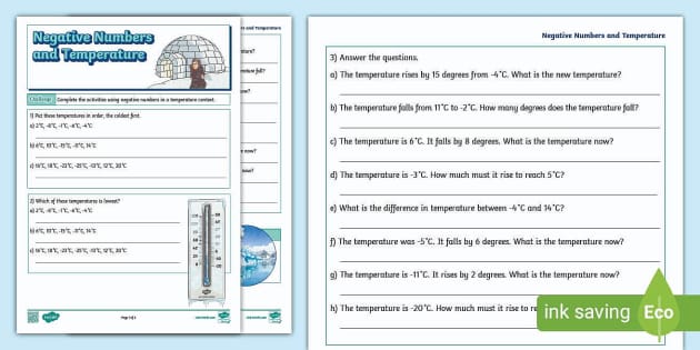 Negative Numbers And Temperature Activity Sheet Twinkl