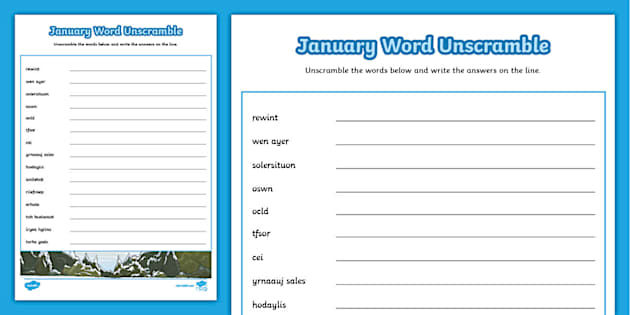 January Word Unscramble Worksheet - Twinkl