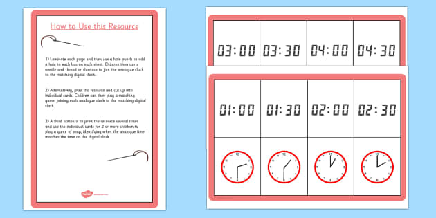 O' Clock and Half Past Digital Analogue Matching Threading Cards ...