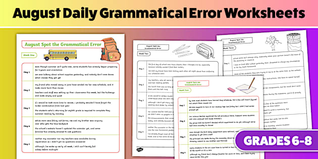 August Spot the Grammatical Error Worksheet for 6th-8th Grad