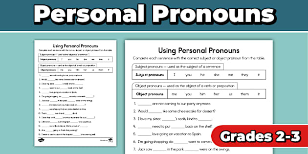 Personal Pronouns Worksheet for 2nd-3rd Grade