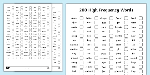 200 High Frequency Words Checklist - Word Recognition