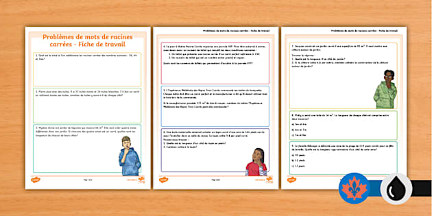 Square Roots Word Problems Worksheet - Grade 7 French