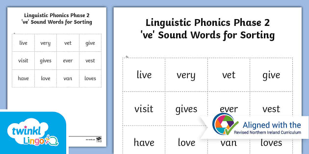 NI Linguistic Phonics 2 've' Sound Words for Sorting Sheet