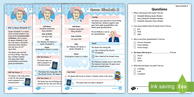 KS1 Queen Elizabeth II Differentiated Reading Comprehension Activity
