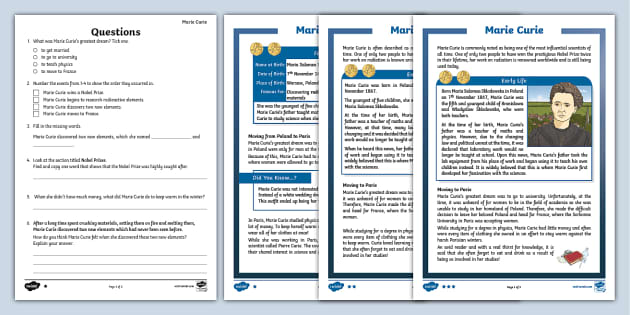 UKS2 Marie Curie Differentiated Reading Comprehension Activity
