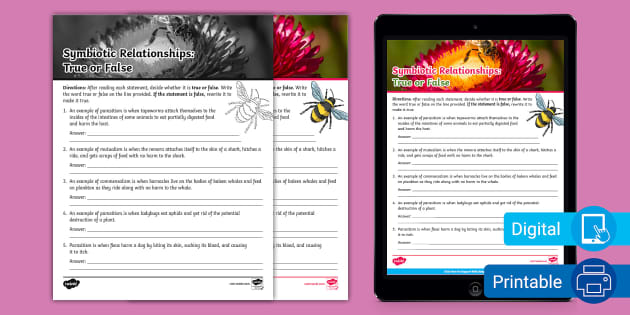 Symbiotic Relationships True or False Activity