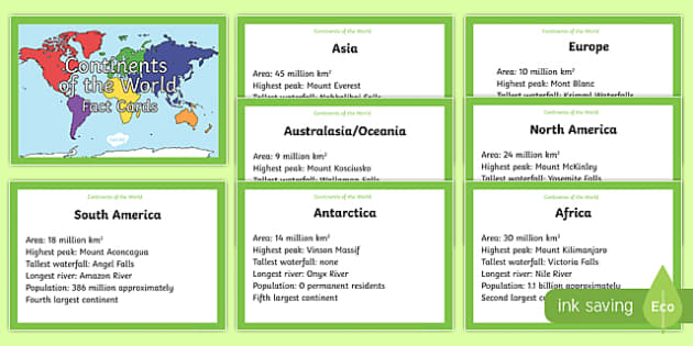 Continents of the World Fact Cards - continents, world, fact
