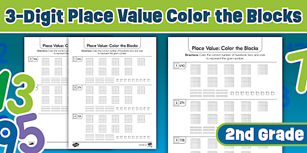 Second Grade Math 3-Digit Place Value Color the Blocks Worksheet