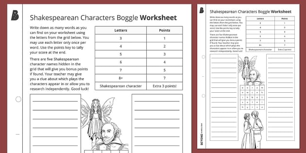 Shakespearean Characters Boggle for Years 9-10 - Twinkl
