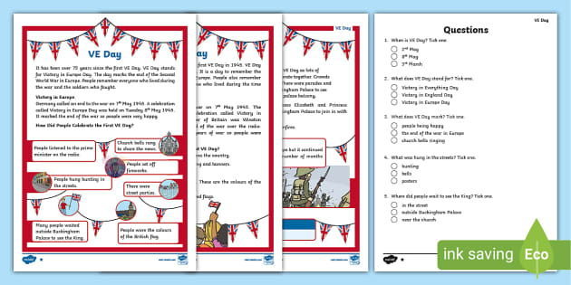VE Day Differentiated Reading Comprehension | KS1 | Twinkl