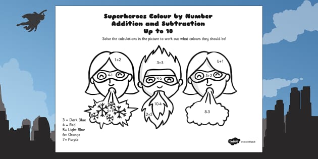 Superheroes Colour by Number Addition and Subtraction Up to 10