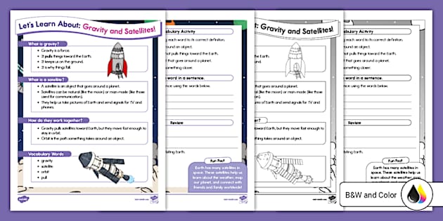 Let's Learn About: Gravity and Satellites! Science Vocabulary Worksheet for