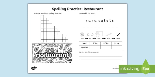 Restaurant Spelling Practice Worksheet Profesor Hizo