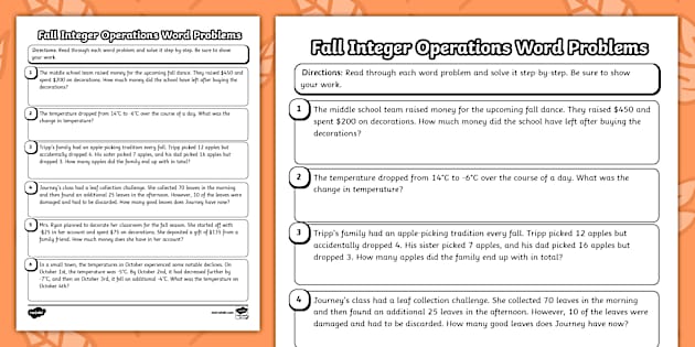 Seventh Grade Fall Integer Operations Word Problems - Twinkl Seventh Grade Fall Integer Operations Word Problems - Twinkl