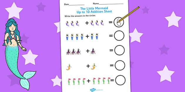 The Little Mermaid Up to 10 Addition Sheet (teacher made)