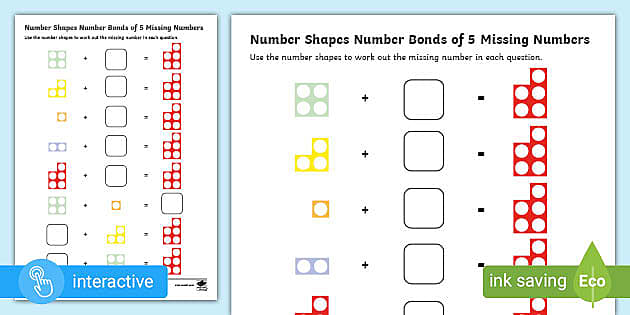👉 Number Shapes Number Bonds of 5 Missing Numbers Activity