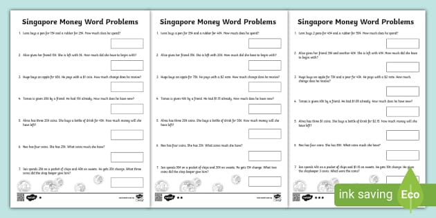 Singapore Money Word Problems Worksheet - Twinkl