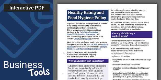 Food Hygiene Policy and Healthy Eating Policy Childminders