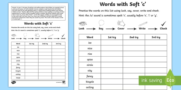 Year 2 Spelling Practice Soft 'c' Homework Worksheet