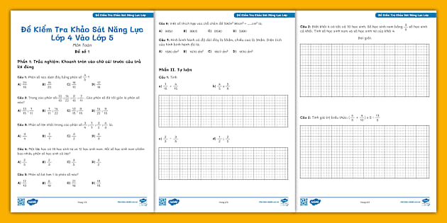 Đề Kiểm Tra Khảo Sát Năng Lực Lớp 4 Vào Lớp 5 Môn Toán- Đề 1
