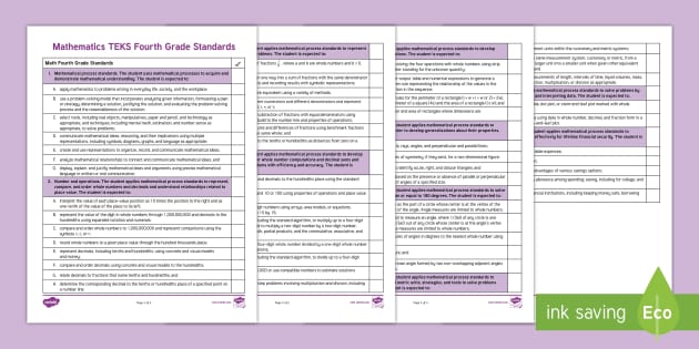 TEKS Fourth Grade Math Standards Checklist Mathematics