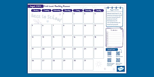 August First Level Teacher A3 Doodle Month to View Planner